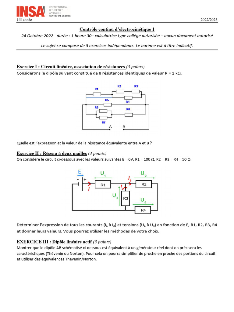 Contrôle continu en électrocinétique 1 | PDF