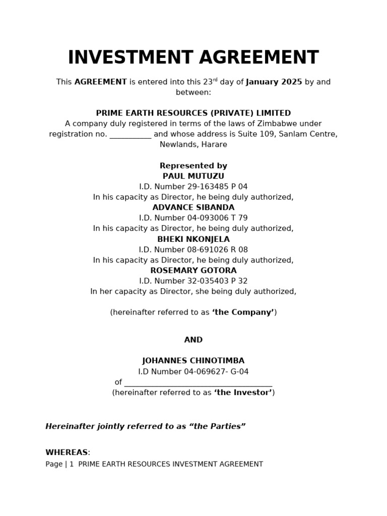 Prime Earth Resources Investment Agreement | PDF | Breach Of Contract ...