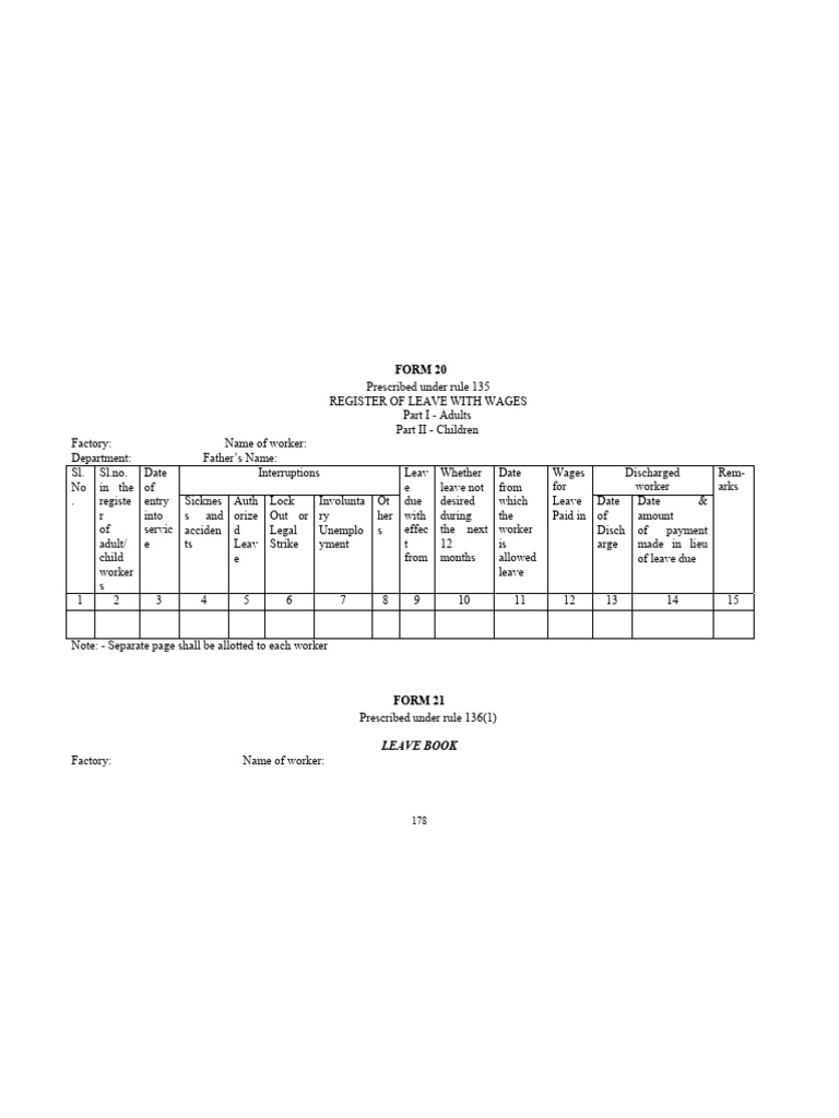 Form 20 - Register of Leave With Wages | PDF