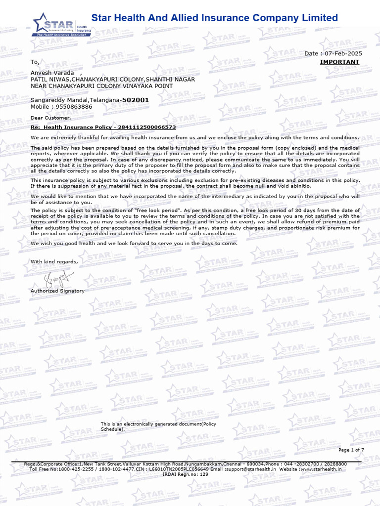 Star Health Insurance Policy Details | PDF | Insurance | Invoice