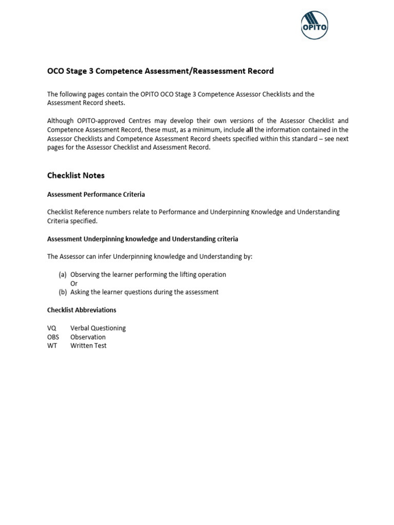 OCO Stage 3 Competence Assessment Reassessment Record | PDF | Crane ...