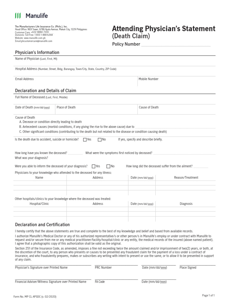 Manulife-Philippines_Attending-Physician's-Statement_Death-Claim-Form | PDF