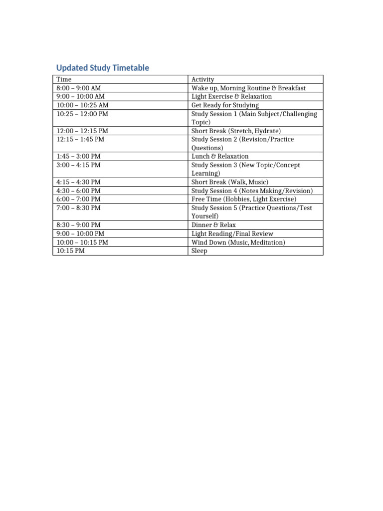 Updated Study Timetable | PDF