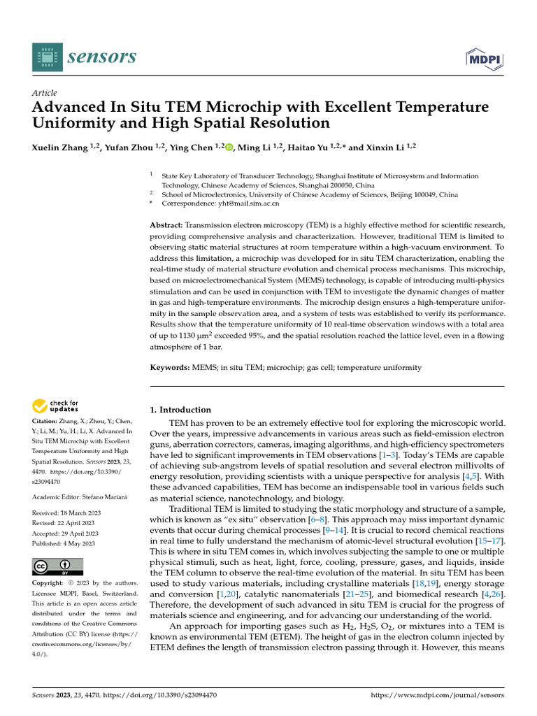 Advanced in Situ TEM Microchip With Excellent Temp | PDF | Transmission Electron Microscopy | Gases