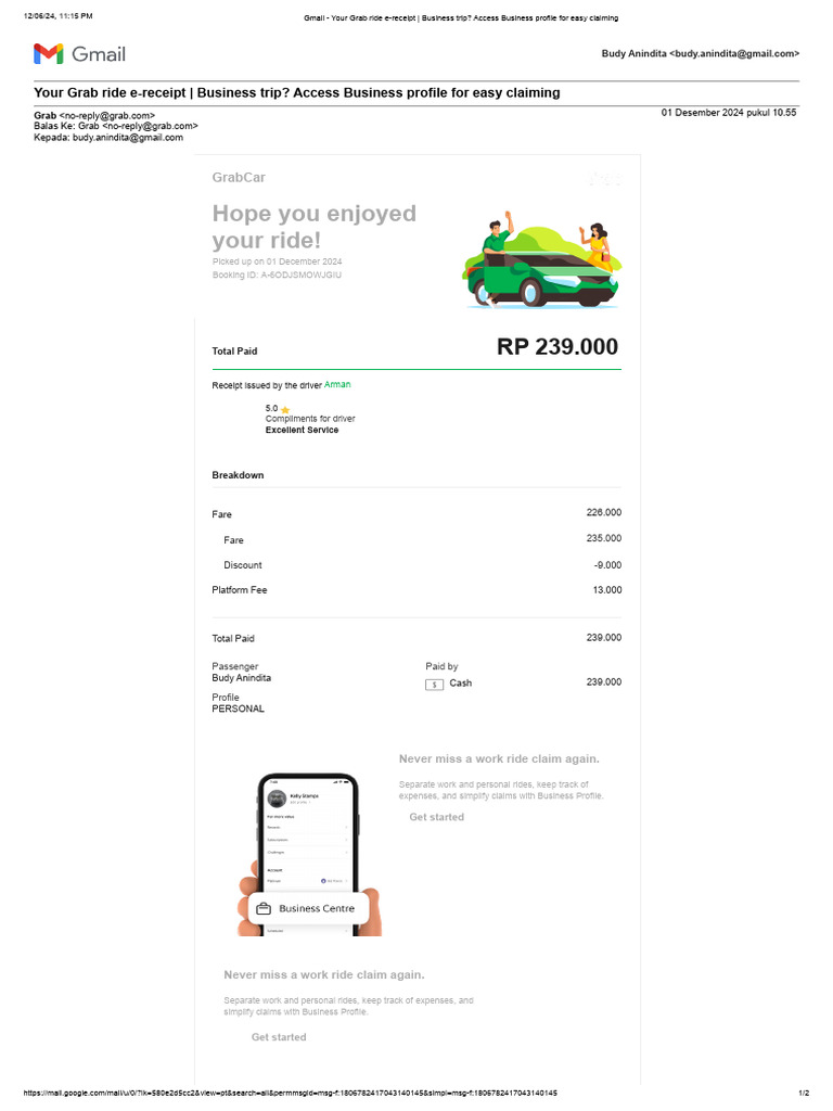 Gmail - Your Grab Ride E-Receipt - Business Trip - 011224 | PDF