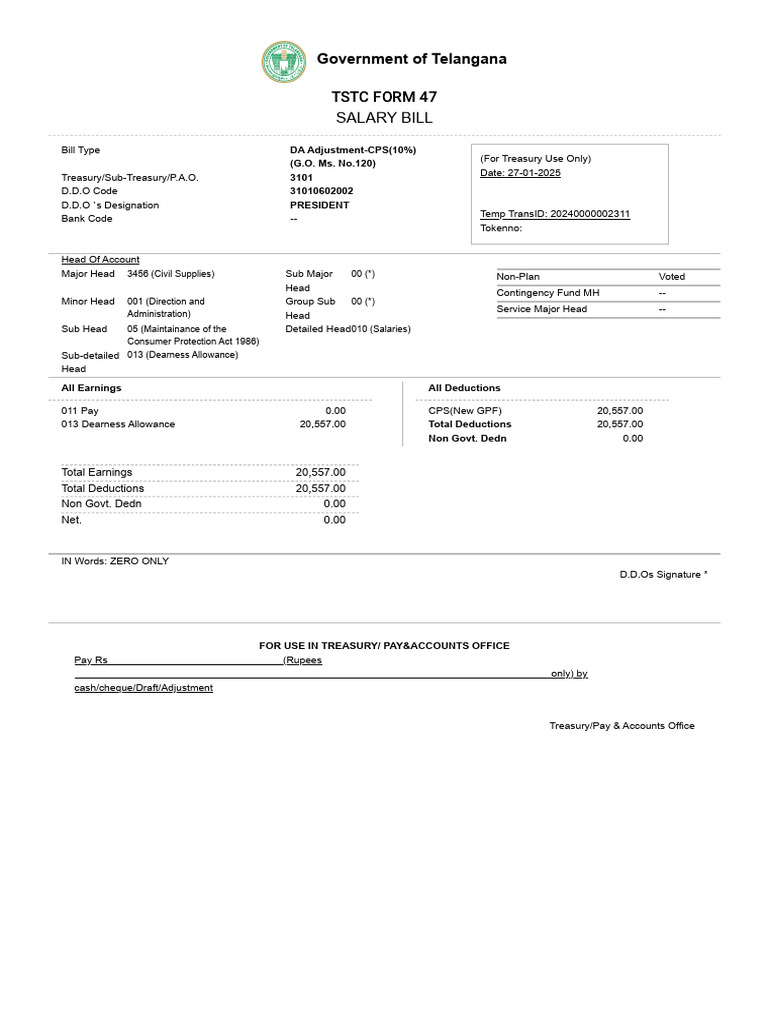 DA Arrears Zero Adjustment Bill of Cps Employees | PDF | Factor Income ...