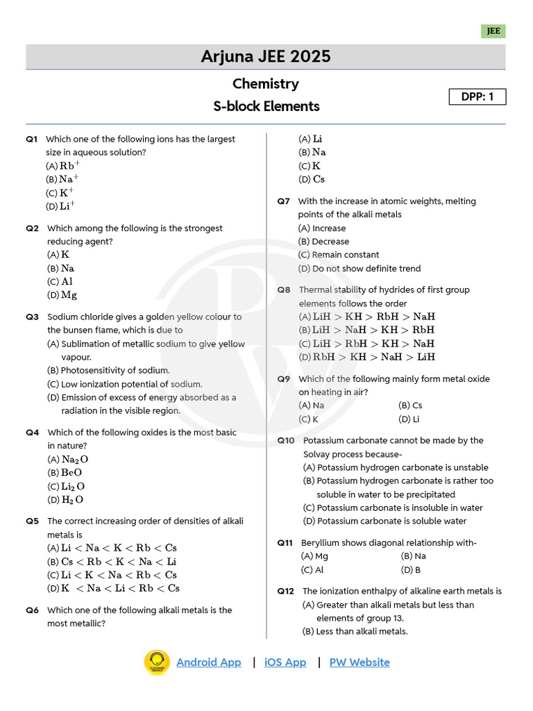 S-Block Elements DPP 01 (Of Lec 02) Arjuna JEE 2025 | PDF | Sodium | Lithium
