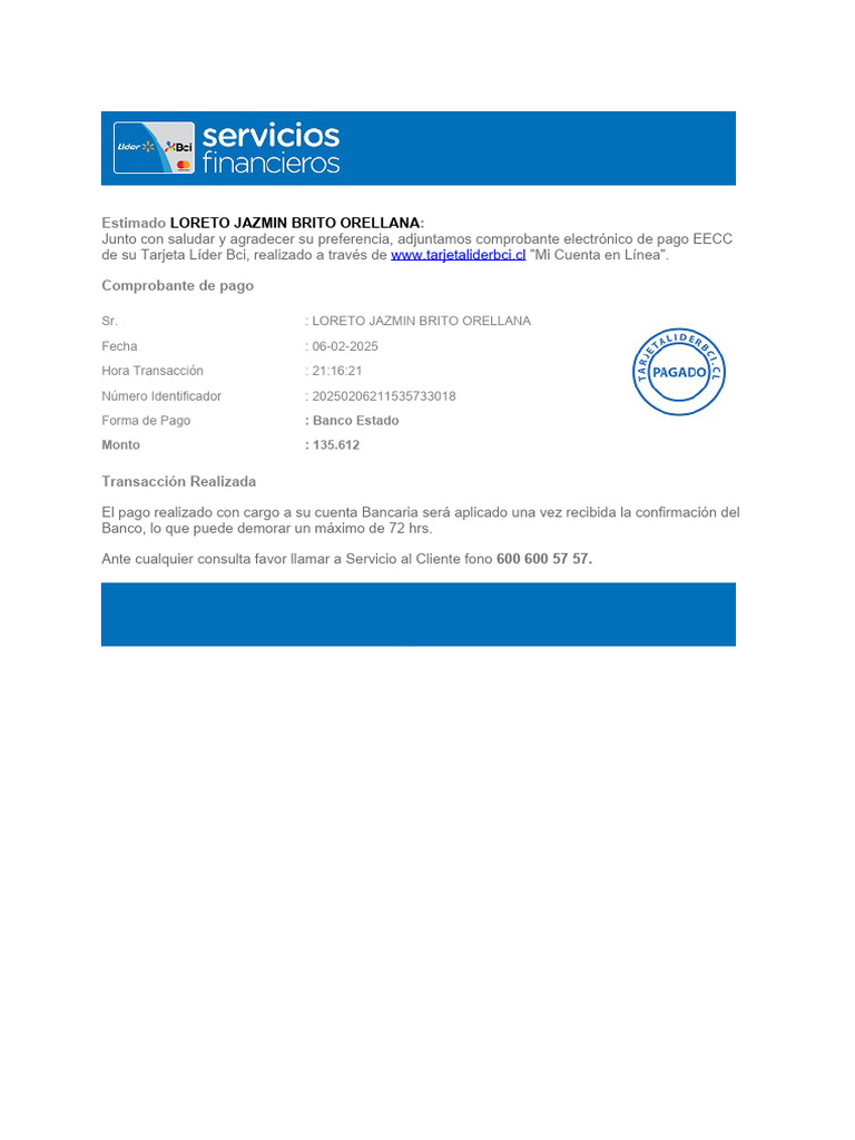 Comprobante de Pago Tarjeta Líder Bci | PDF