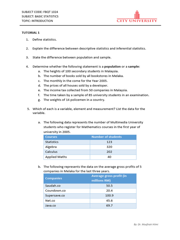 TUTORIAL 1 Basic Statistics | PDF | Statistics | Mathematics