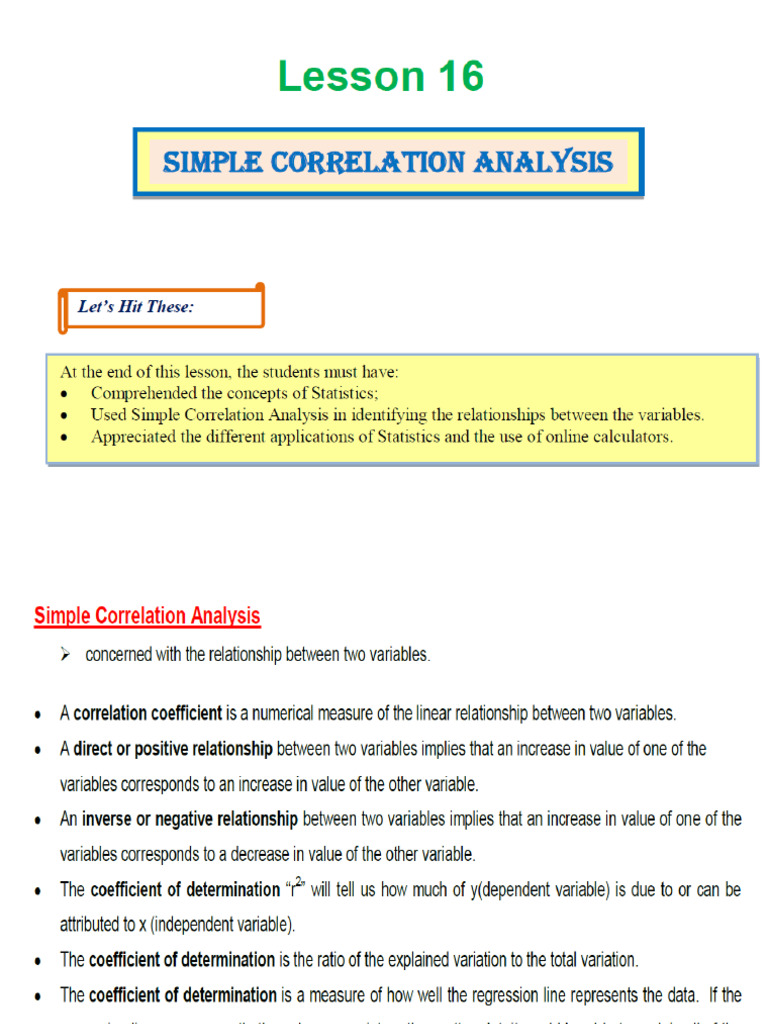 Lesson 16 (Simple Correlation Analysis) | PDF