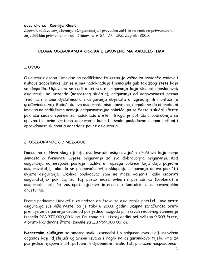 Uloga Osiguranja Osoba I Imovine Na Gradilistima | PDF