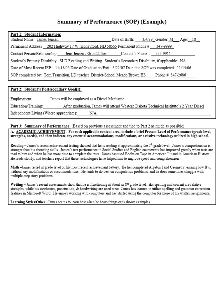 Summary of Performance Example Completed-Sample | PDF | Learning ...