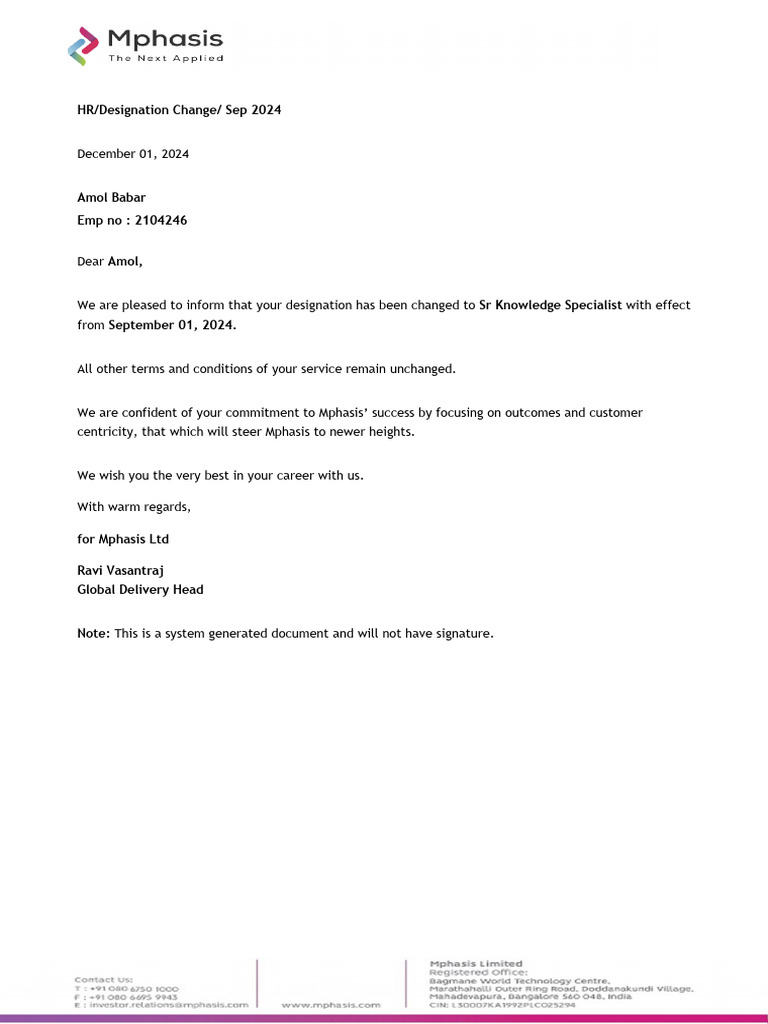 Designation Change Notice for Amol Babar | PDF
