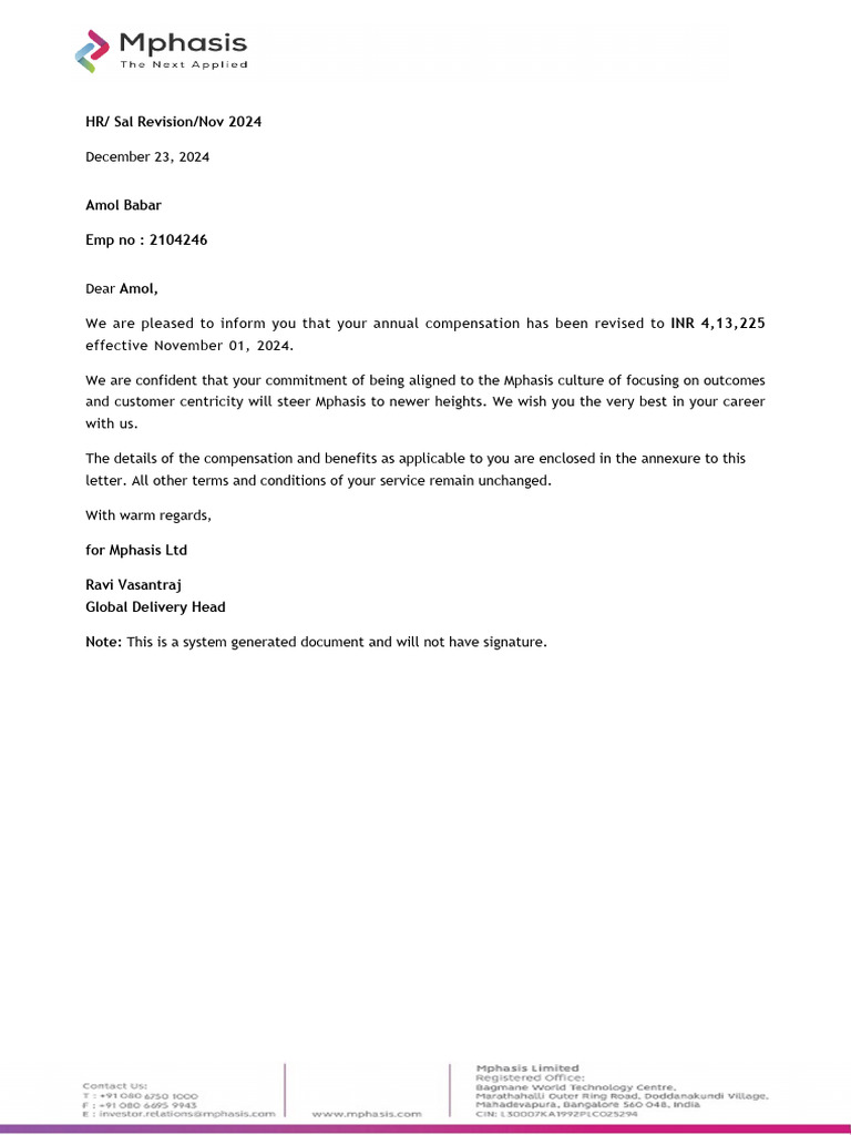 Salary Revision Letter - 2104246 | PDF | Business | Economies
