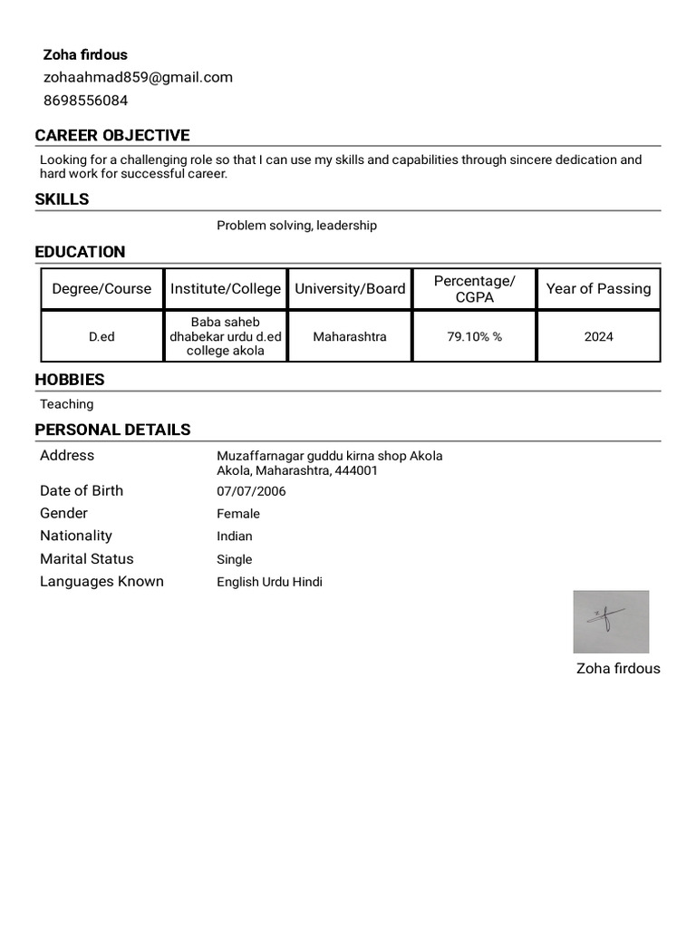 Resume_Zoha_Format1 | PDF