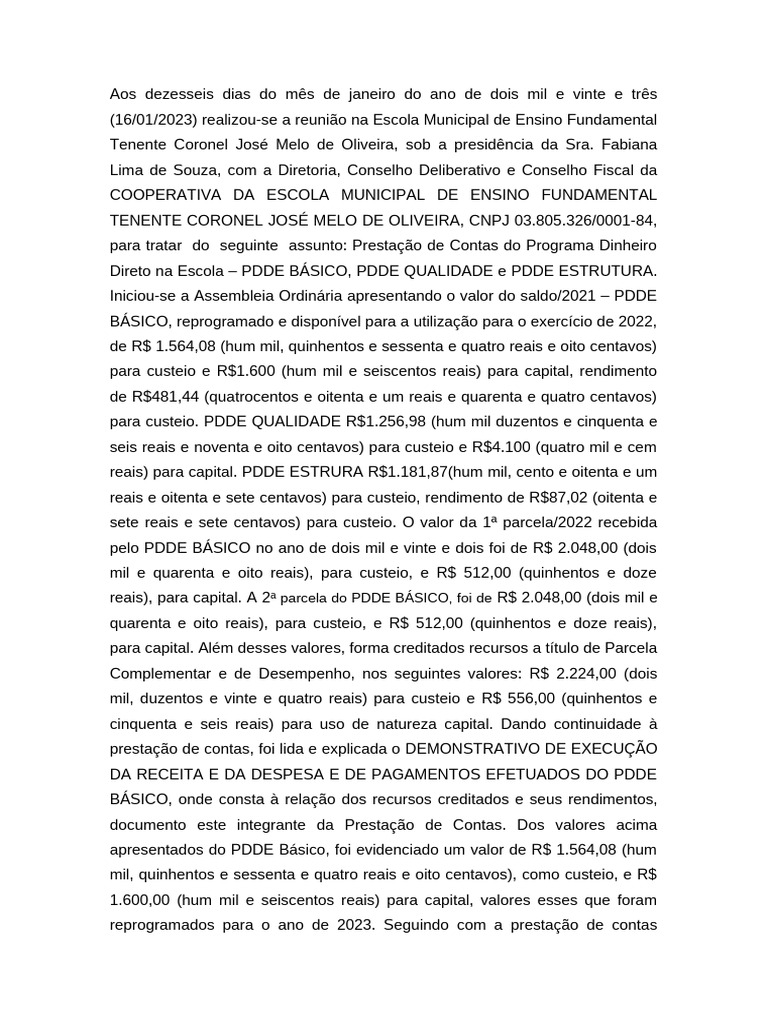 Ata de Prestação de Contas Tenente Pdde Básico e Qualidade 2022 | PDF