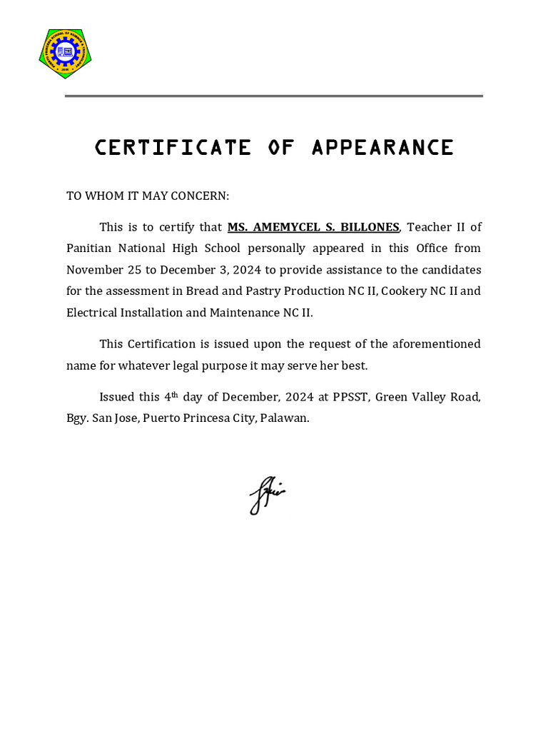 NC II Certificate of Appearance 2024 | PDF