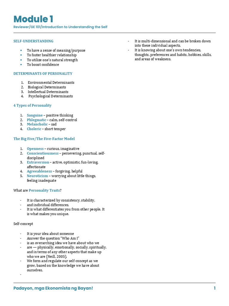 GE101 Modules 1 5 Reviewer | PDF | Self Concept | Gender