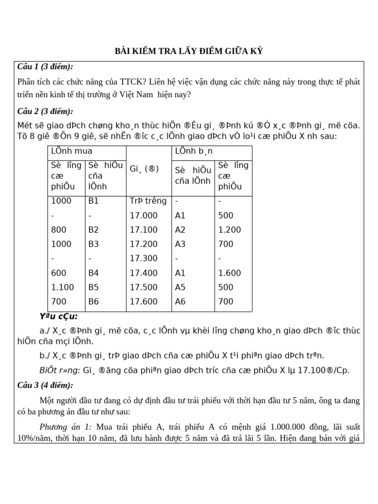 BÀI KIỂM TRA LẤY ĐIỂM GIỮA KỲ.TTCK | PDF