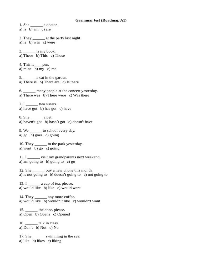 Roadmap A1 Grammar Test | PDF