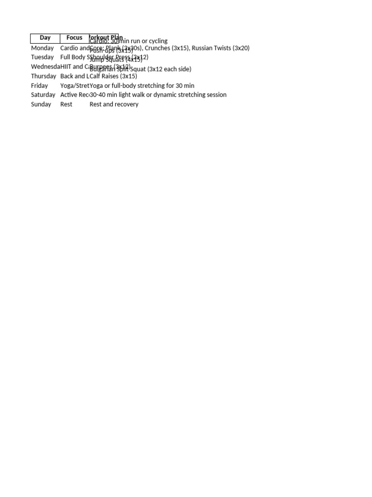 Weekly Workout and Recovery Plan | PDF