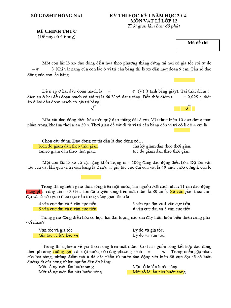 ĐỀ THI HKI - ĐỒNG NAI 2014-2017 | PDF