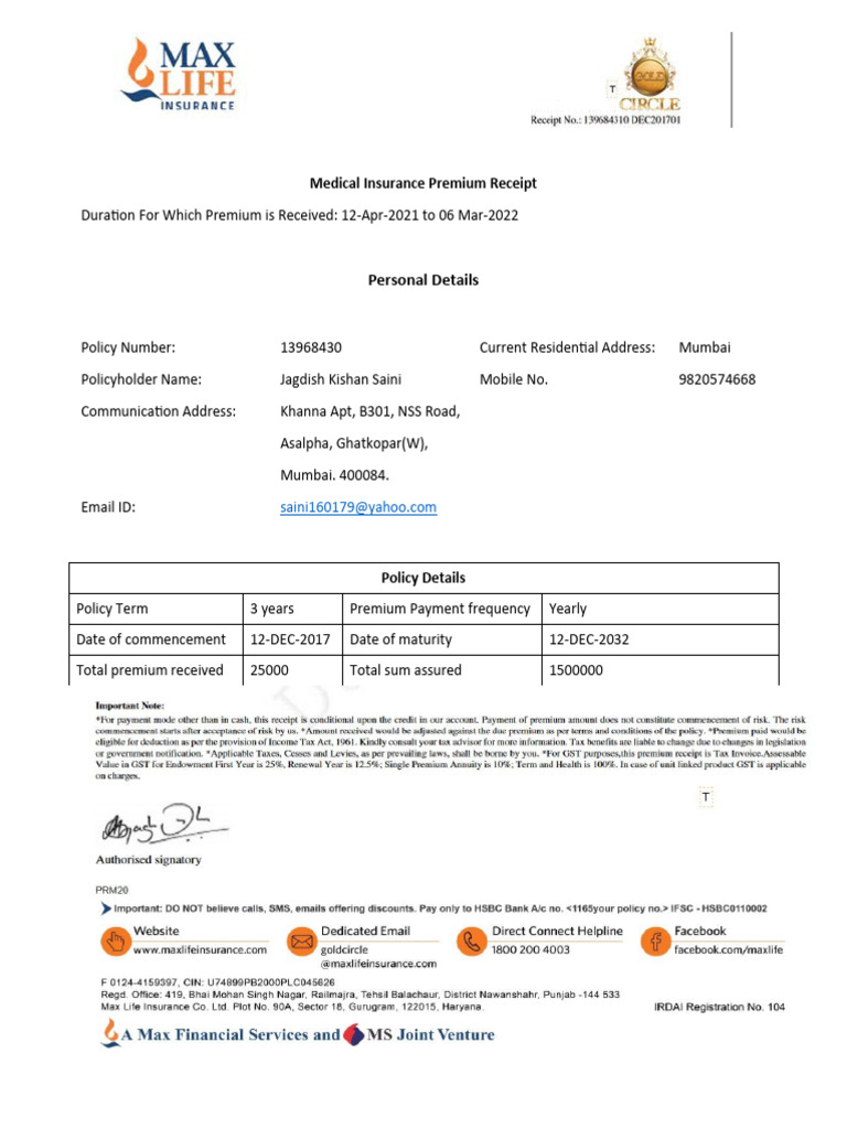 567220868 80D Medical Premium Receipt Self | PDF