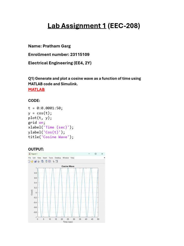 EEC-208 Lab1 Pratham Garg | PDF | Matrix (Mathematics) | Matlab