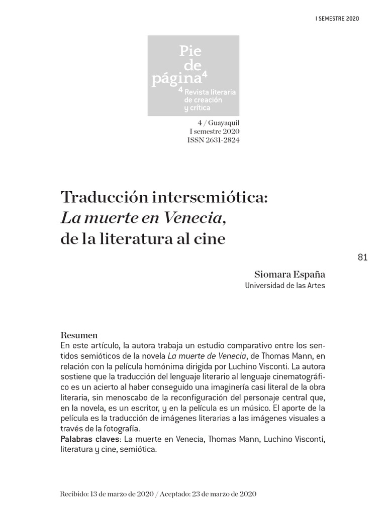 Siomara España. Traducción Intersemiótica: La Muerte en Venecia, de La ...