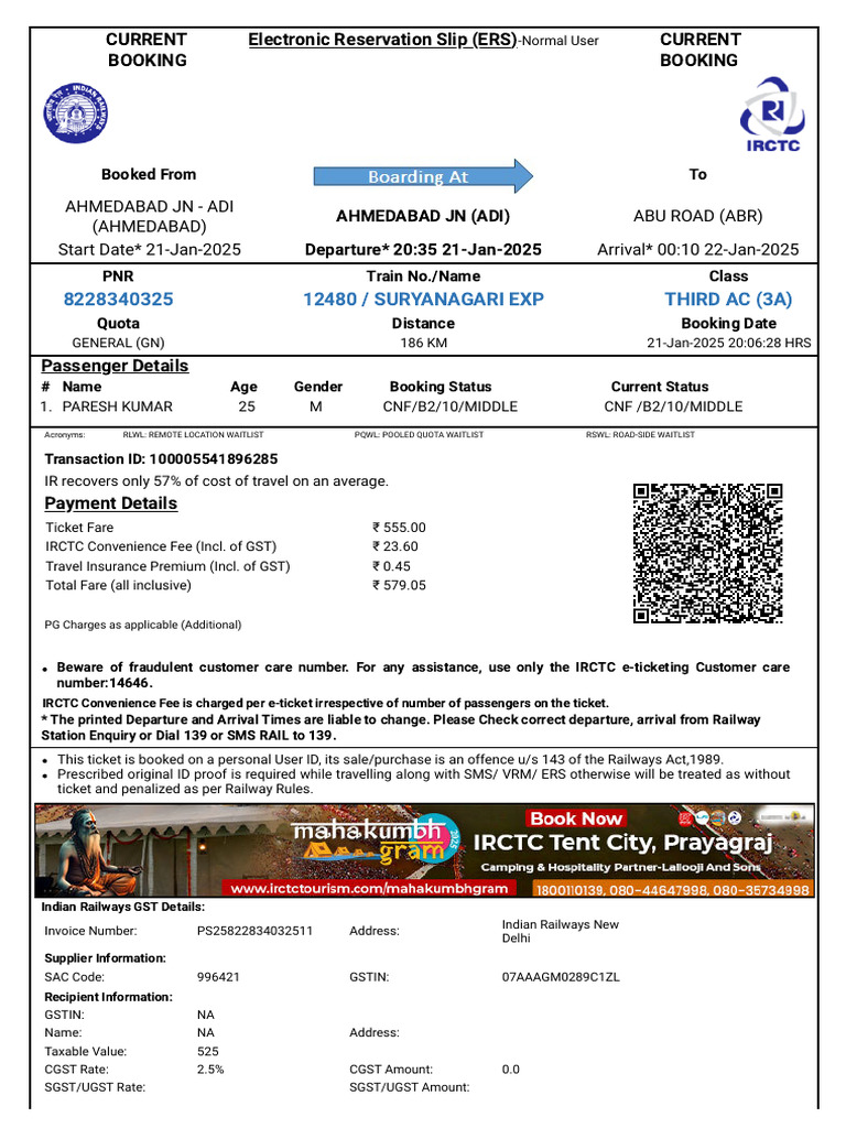 Suryanagari Exp Third Ac (3A) : Current Booking Electronic Reservation ...