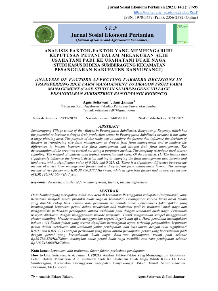 Analisis Faktor-faktor Yang Mempengaruhi Keputusan Petani Dalam Melakukan Alih Usahatani Padi Ke ...
