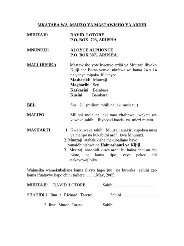 Mkataba Wa Mauzo Ya Mastawisho Ya Ardhi Aloyce Alphonce | PDF