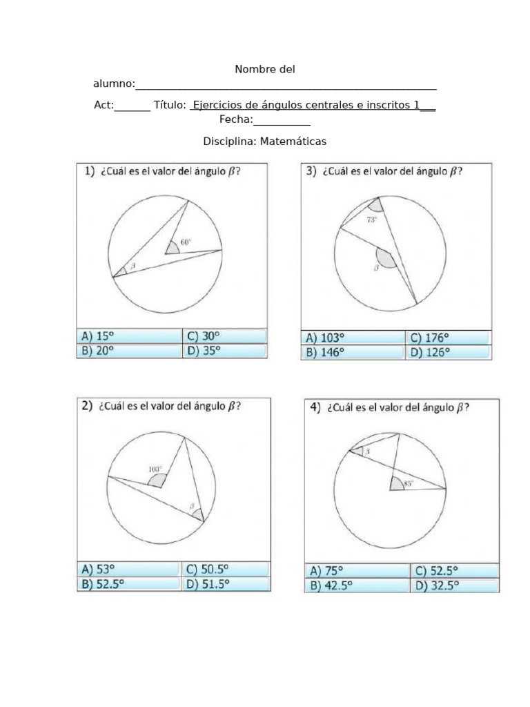 Angulos Centrales e Inscritos Ejercicios | PDF