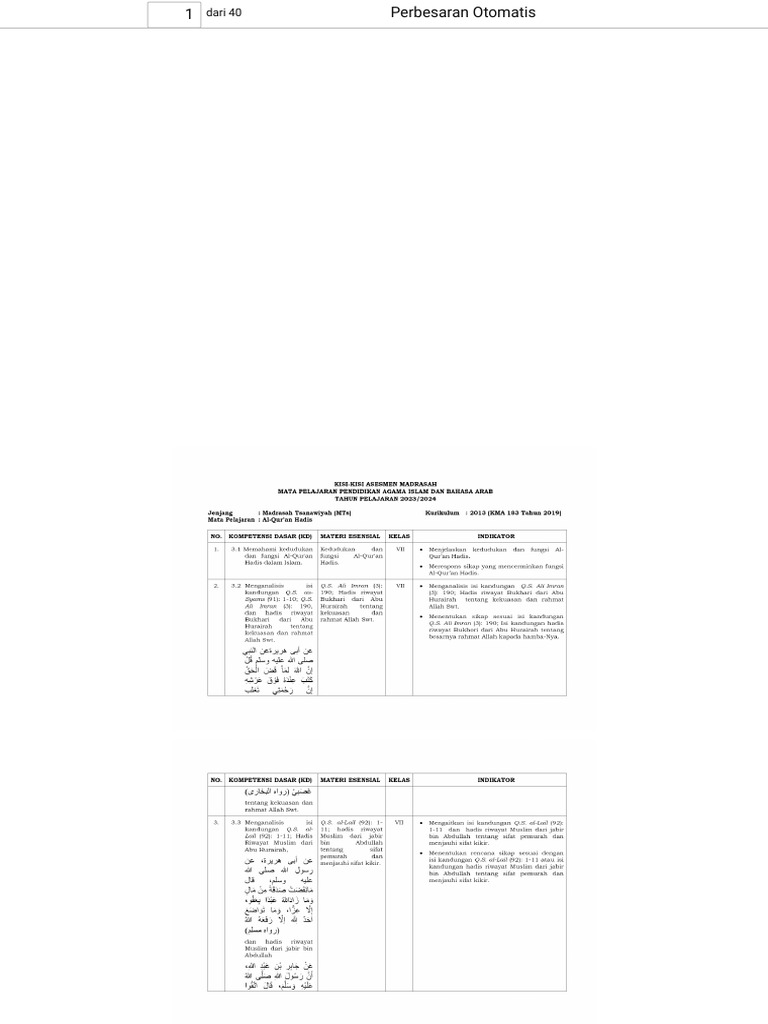 Kisi-Kisi Asesmen Madrasah Tahun 2024 - MTSN 2 Poso | PDF