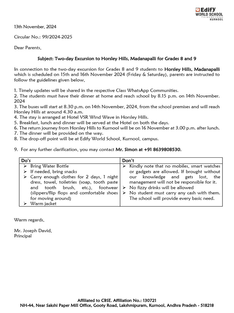 Circular 99 - Two-Day Excursion To Horsley Hills, Madanapalli For ...