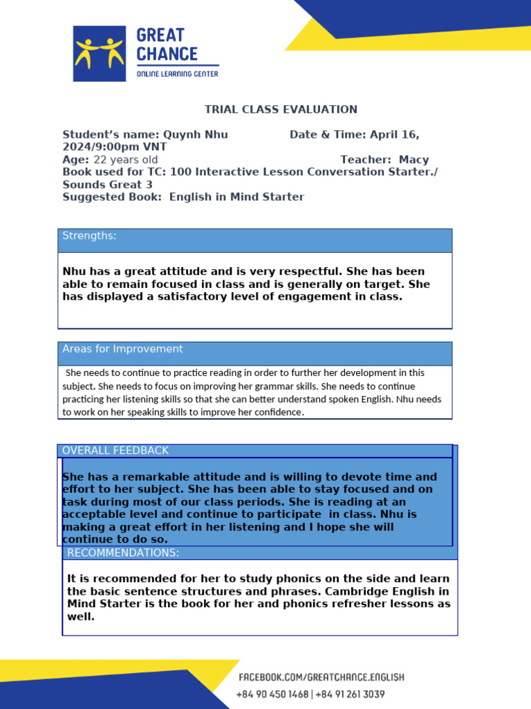 Trial-Class-Eval - QuynhNhu - April 16 | PDF