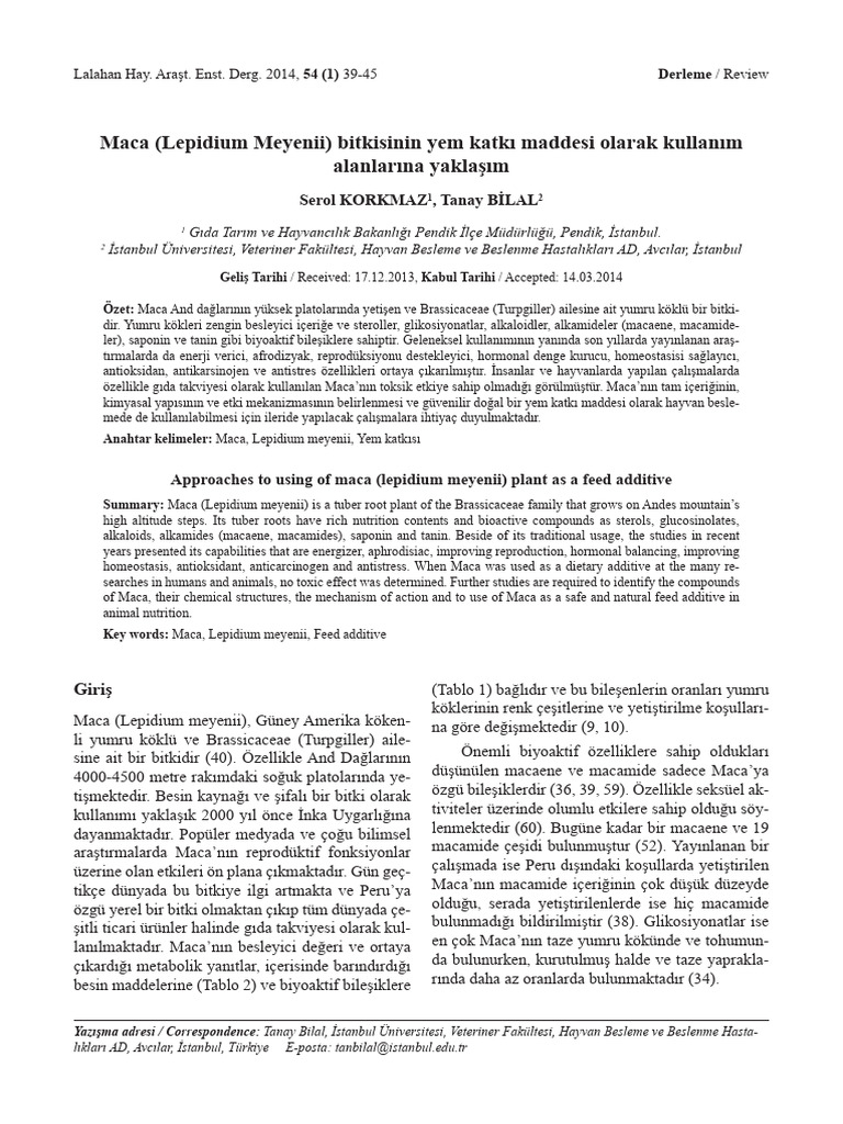 Maca (Lepidium Meyenii) Bitkisinin Yem Katk - Maddesi Olarak Kullan - M Alanlar - Na Yakla - M ...