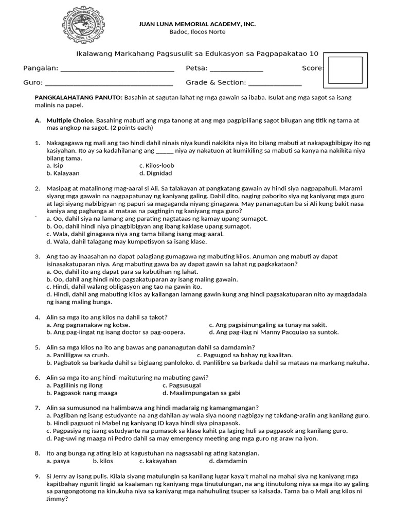 TEST QUESTION ESP 10 Final | PDF