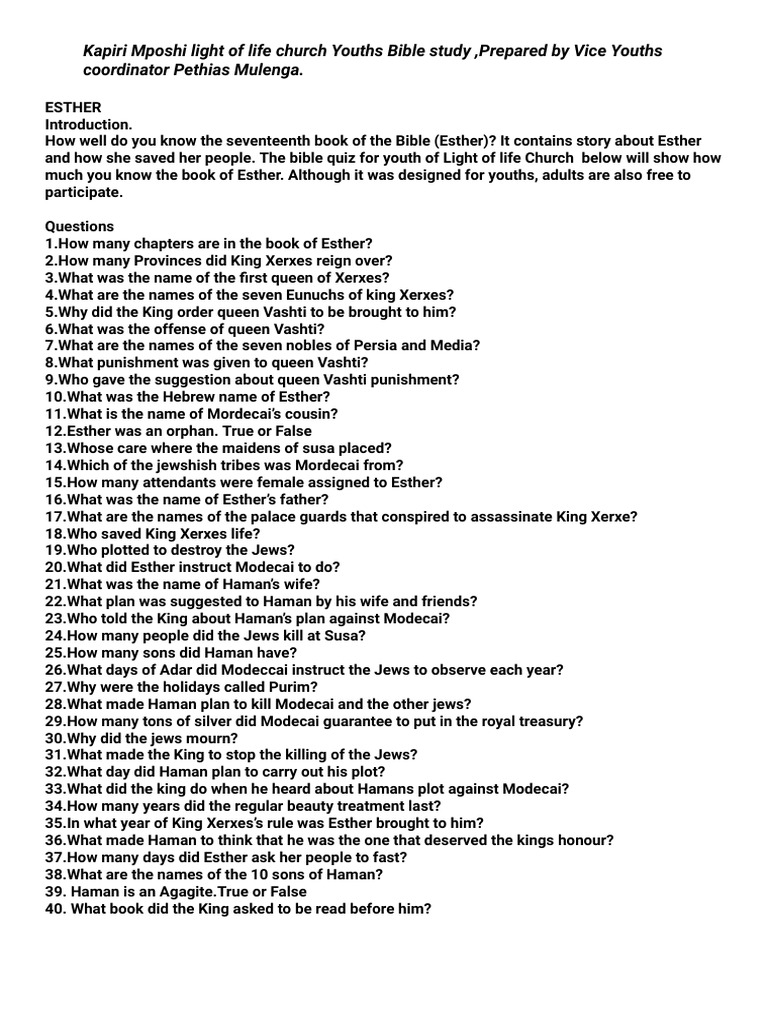 Esther Bible Quiz for Youths | PDF | Esther | Book Of Esther