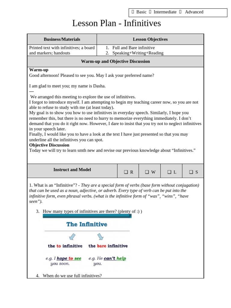 Infinitives Lesson Plan Guide | PDF | Verb | Language Mechanics