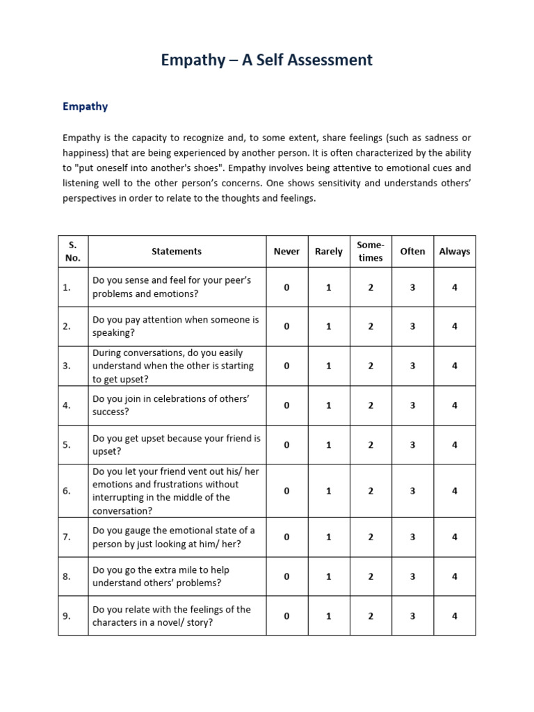Empathy Self Assessment Questionaire | PDF | Empathy | Nonverbal ...