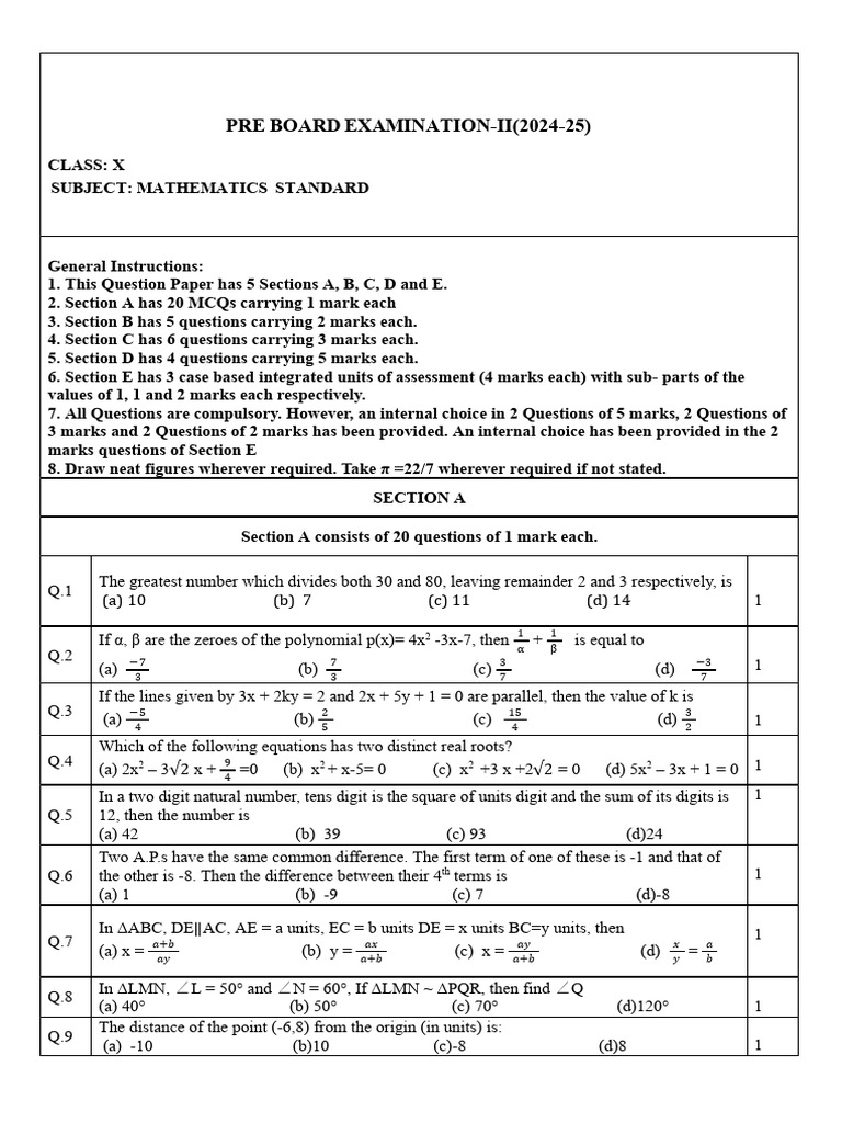 QP_Maths_X__STANDARD_SET1-F | PDF | Area | Circle