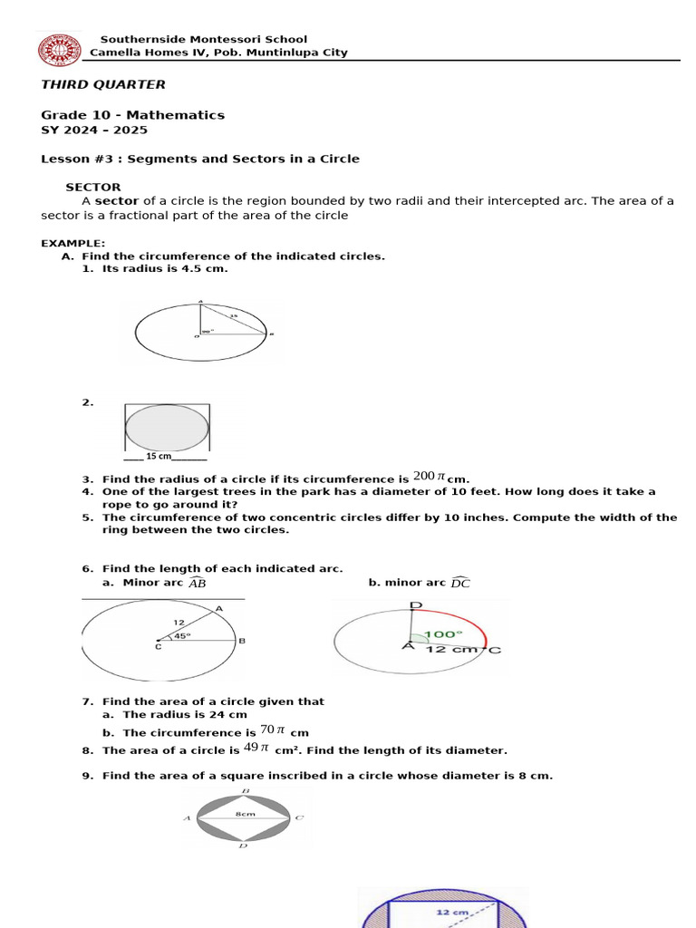 Grade 10 Math: Circle Segments & Sectors | PDF