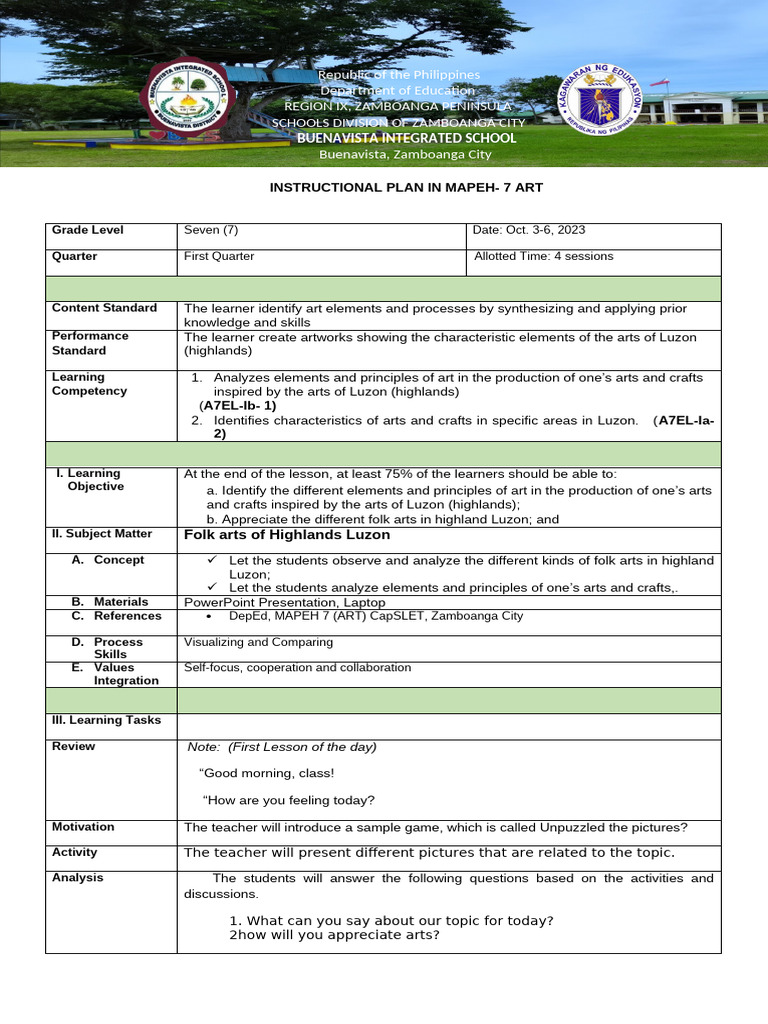 Lesson Plans in Art 7 For 1st Quarter - 1 | PDF | Learning | Weaving