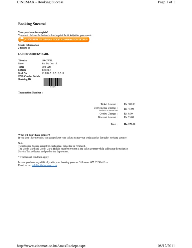 Movie Ticket Booking Confirmation | PDF | Finance & Money Management