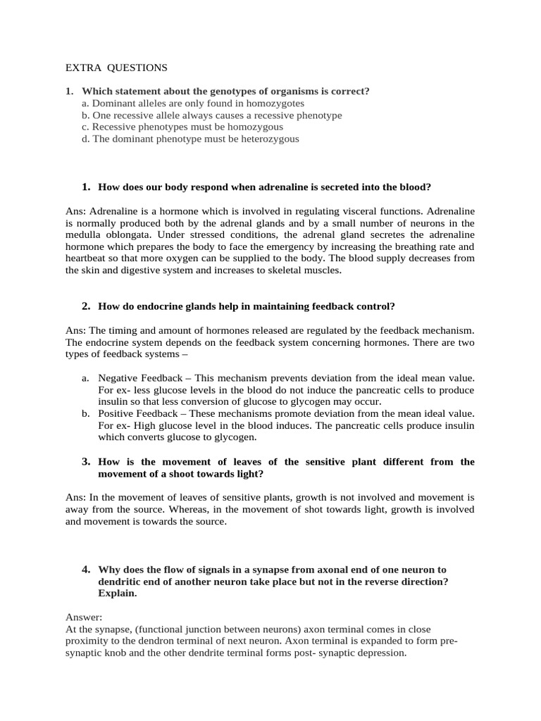 Extra Questions Science Class 10 | PDF | Synapse | Chemical Synapse