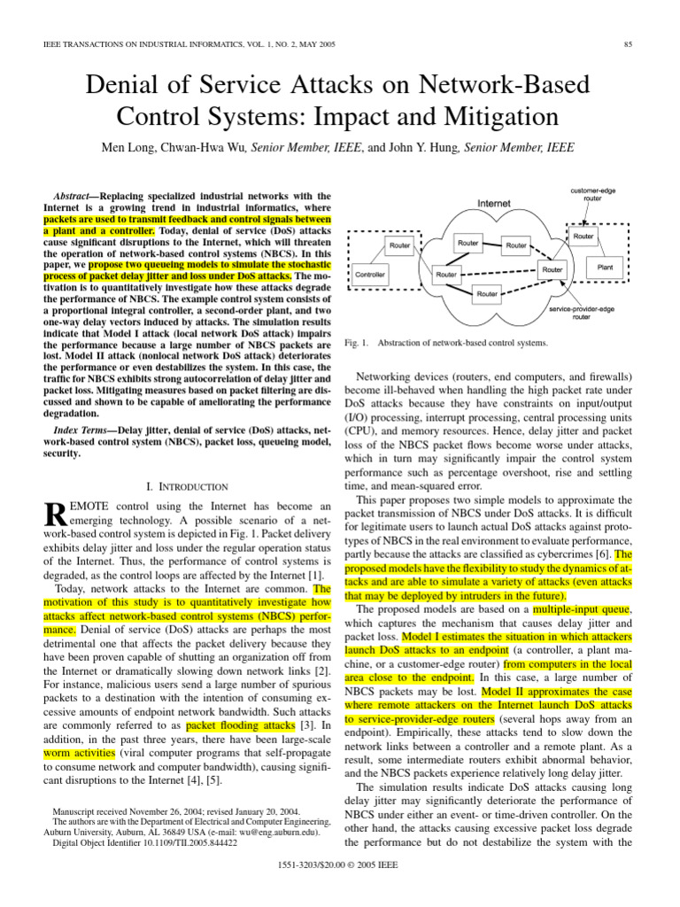Denial of Service Attacks on Network-based Control Systems Impact and Mitigation | PDF ...