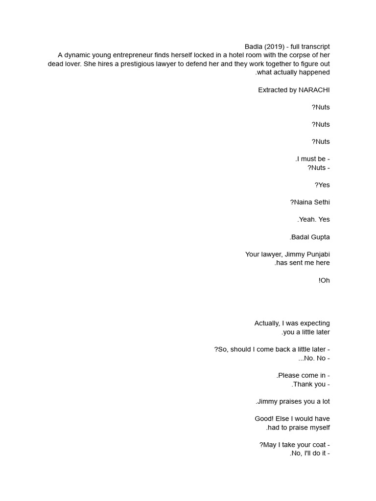 Badla (2019) - Full Transcript | PDF