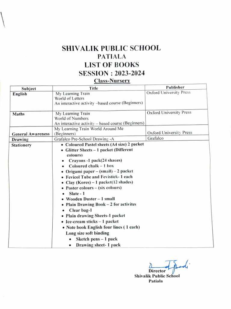 Shivalik Public School Book List 2023-24 | PDF | Drawing | Notebook