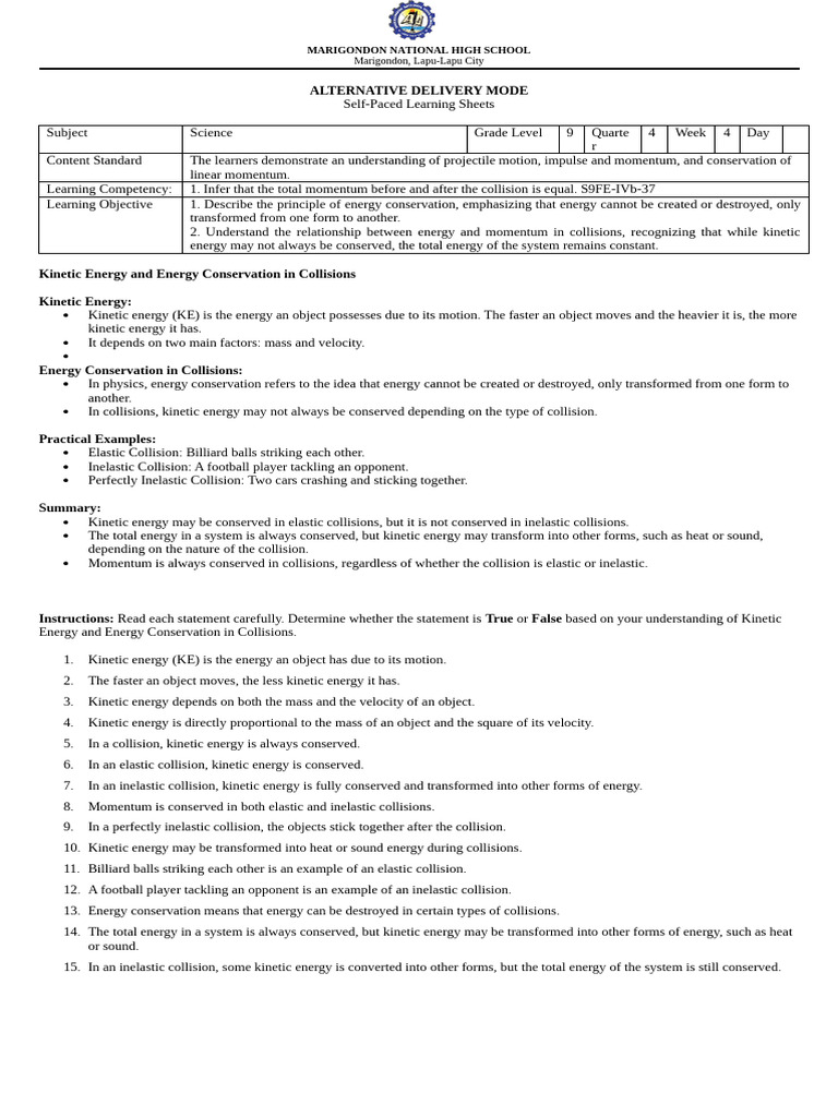Learning Activity Sheet 18 | PDF | Collision | Kinetic Energy
